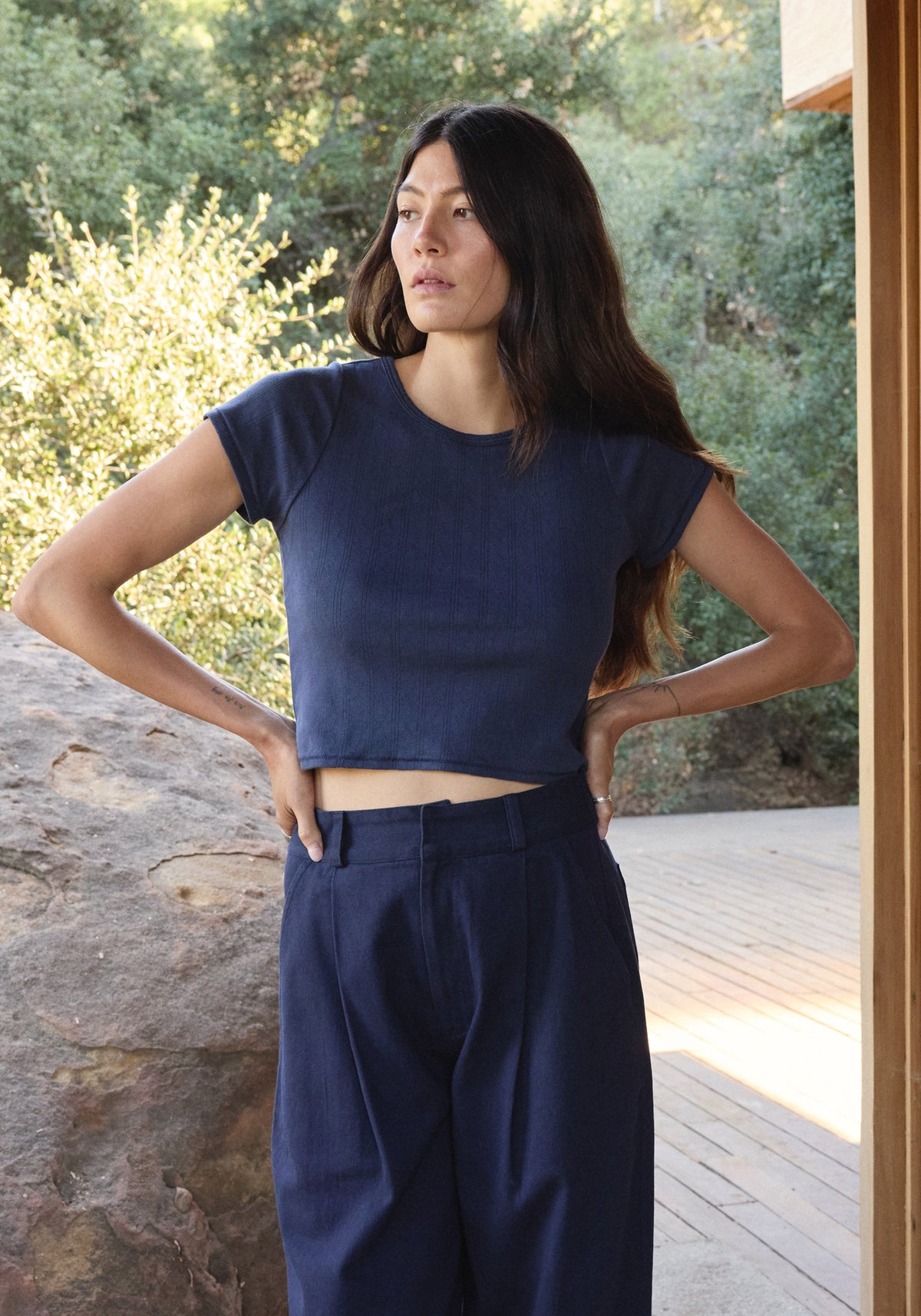 Crop Pointelle Tee Navy – First Rite Clothing